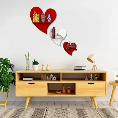 Heart Shape Wood Wall Shelf / Book Shelf, Red and White Color - WallMantra