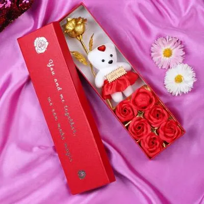 Valentine's Day Special Artificial Golden Rose Flower & Mini Teddy Box ...